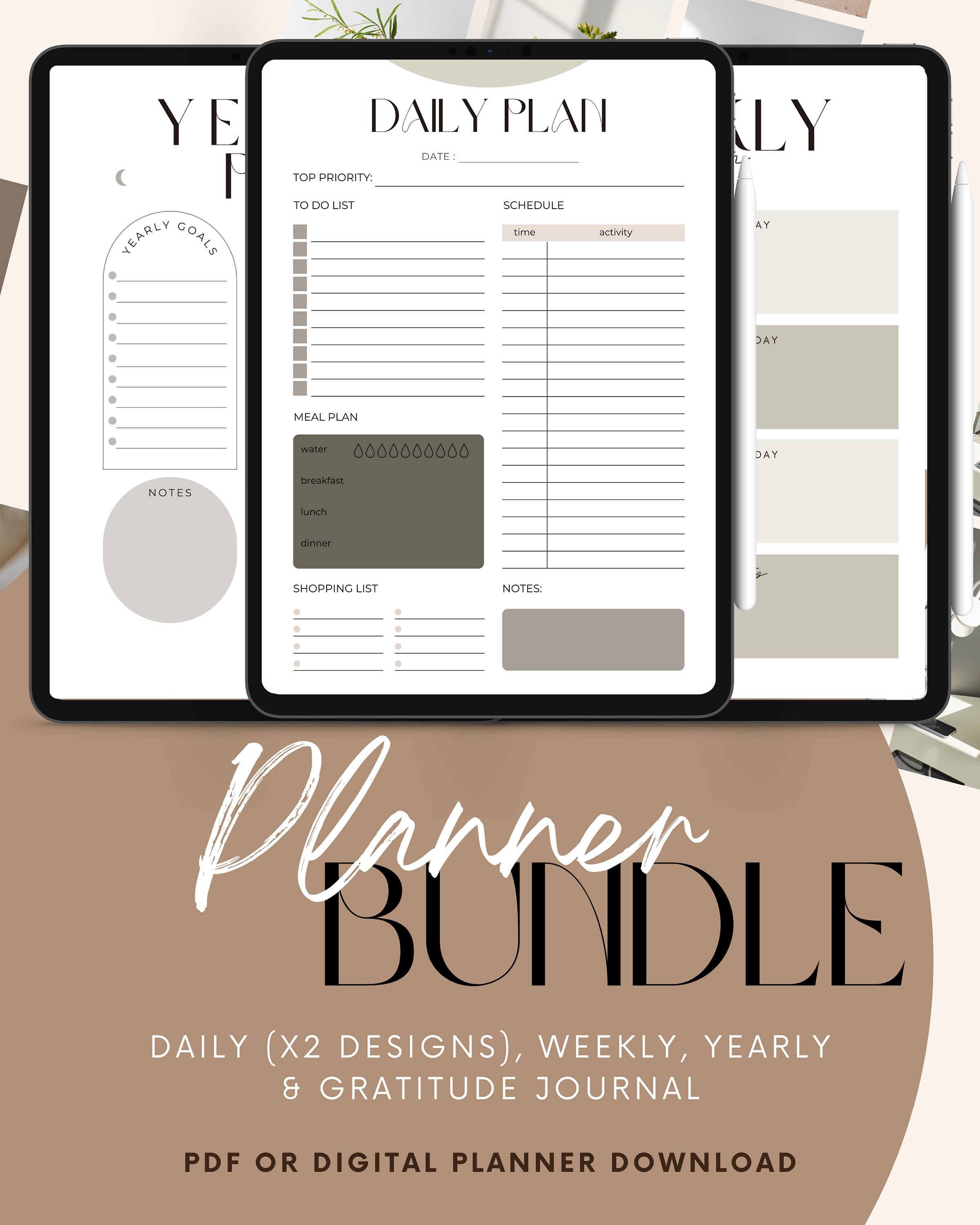 Daily Planner Bundle, Daily (X2 Designs), Weekly, Yearly & Gratitude ...