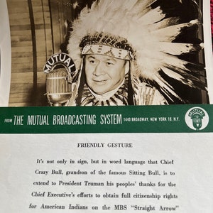 Chief Crazy Bull, 8 X 10 Publicity Photo From Mutual Broadcasting ...