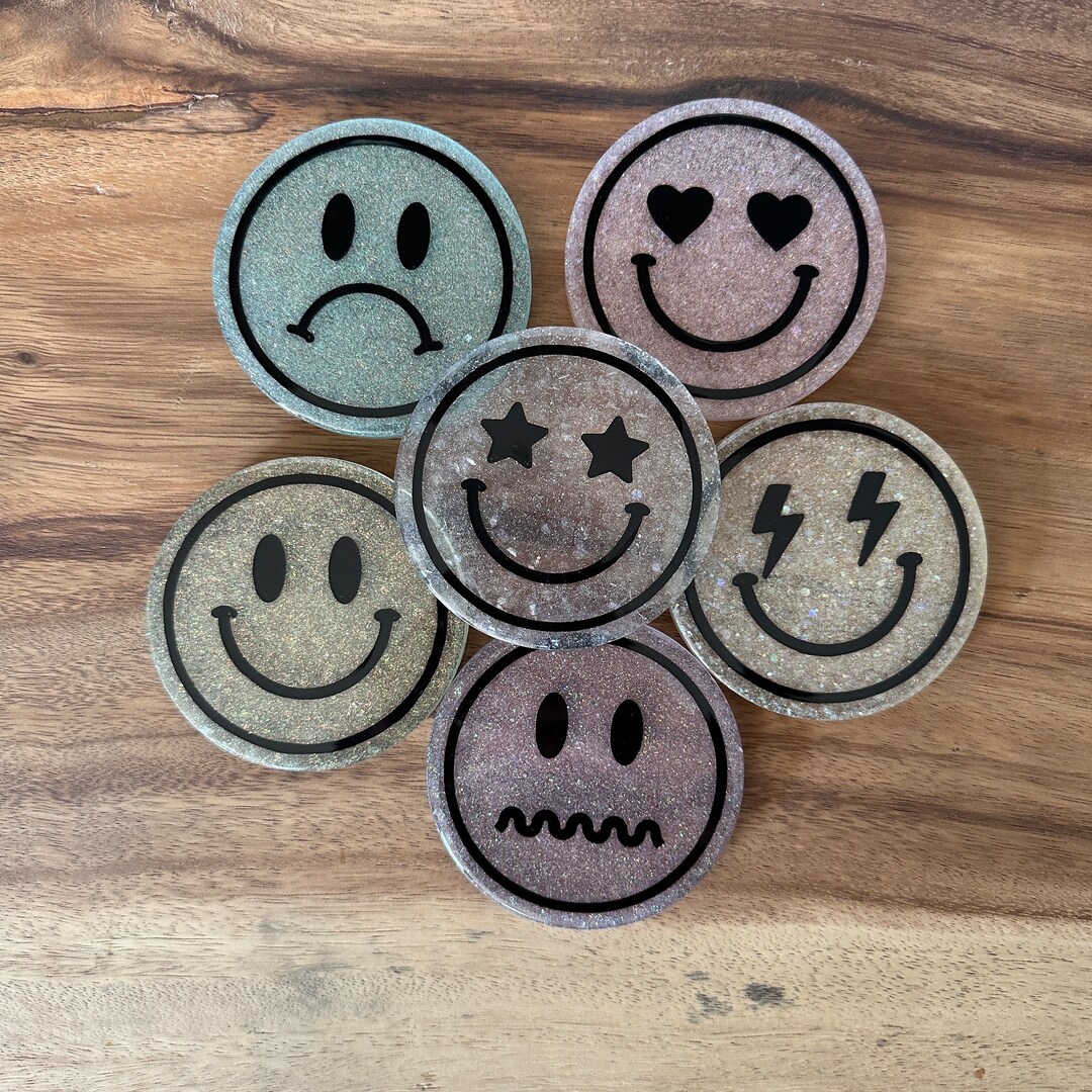 Smiley Glitter Coasters, Epoxy Coasters, Luxury Rainbow Coasters, Round ...