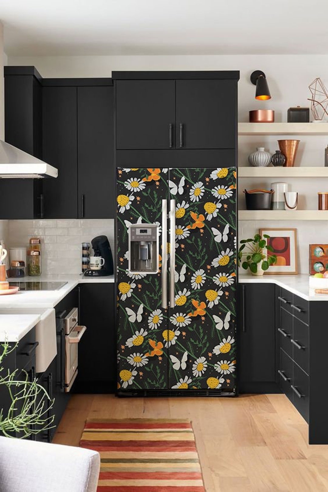 Fridge Vinyl Wrap. Сhamomile Flowers on Black Removable - Etsy