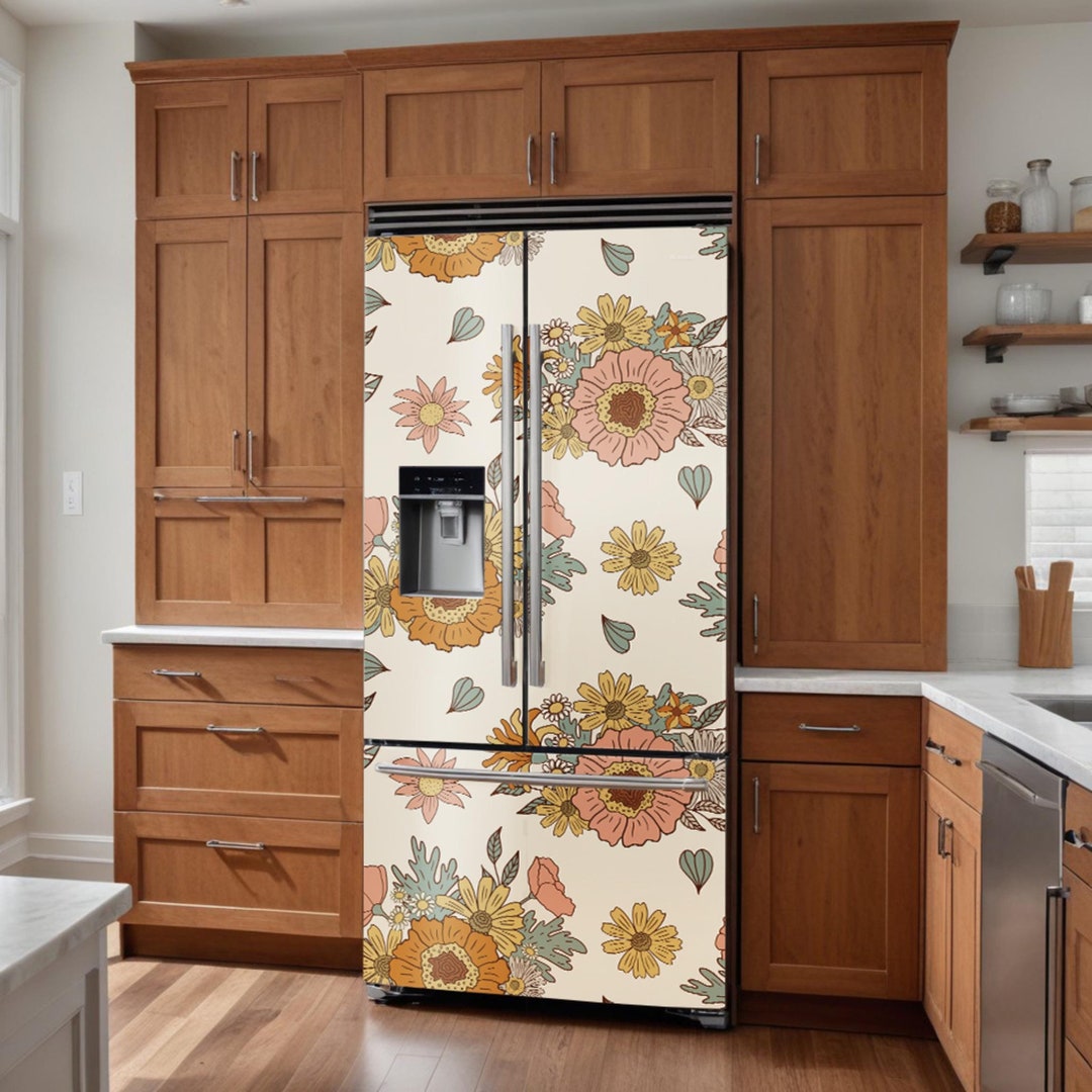 Boho Vinyl Fridge Wrap With Flowers for Bohemian Floral Kitchen Decor ...
