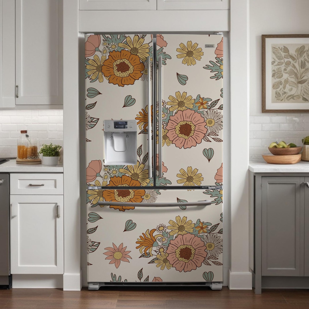 Boho Vinyl Fridge Wrap With Flowers for Bohemian Floral Kitchen Decor ...