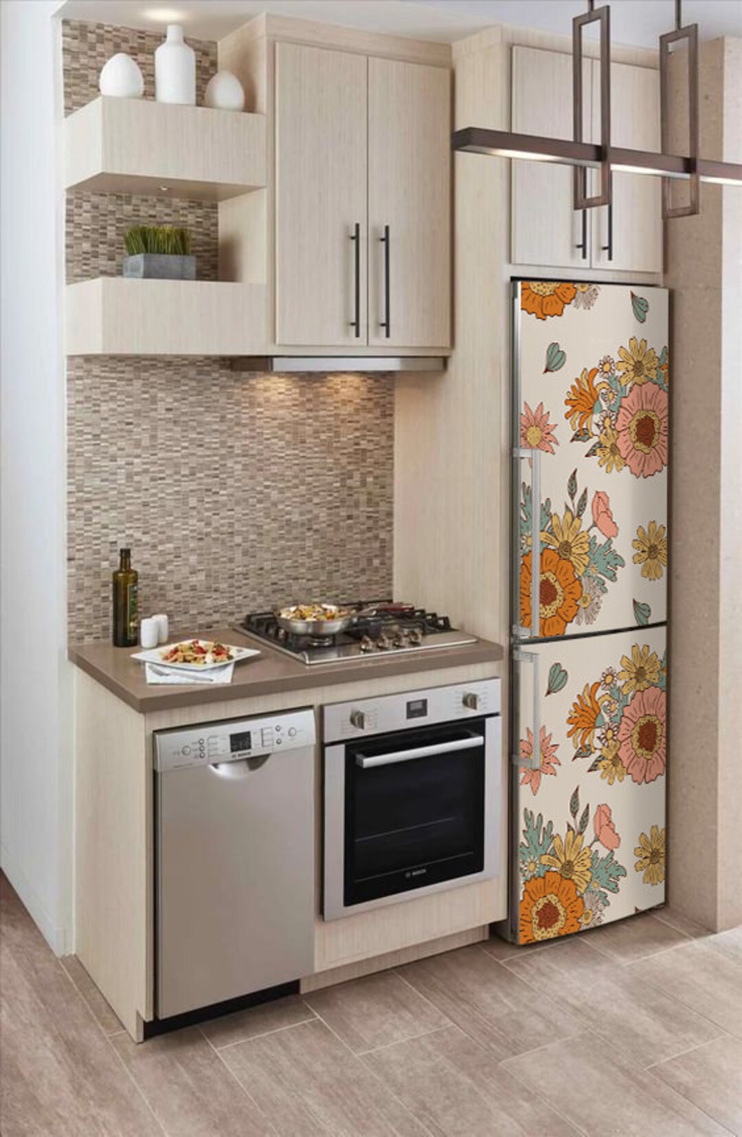 Boho Vinyl Fridge Wrap With Flowers for Bohemian Floral Kitchen Decor ...