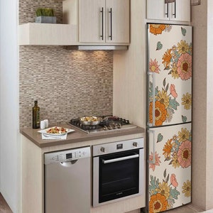 Boho Vinyl Fridge Wrap With Flowers for Bohemian Floral Kitchen Decor ...