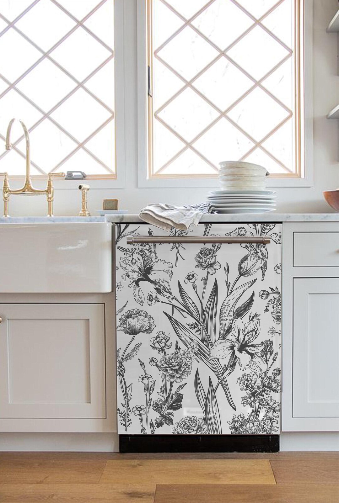 Floral Dishwasher Cover. Magnet or Decal - Botanical Black and White ...