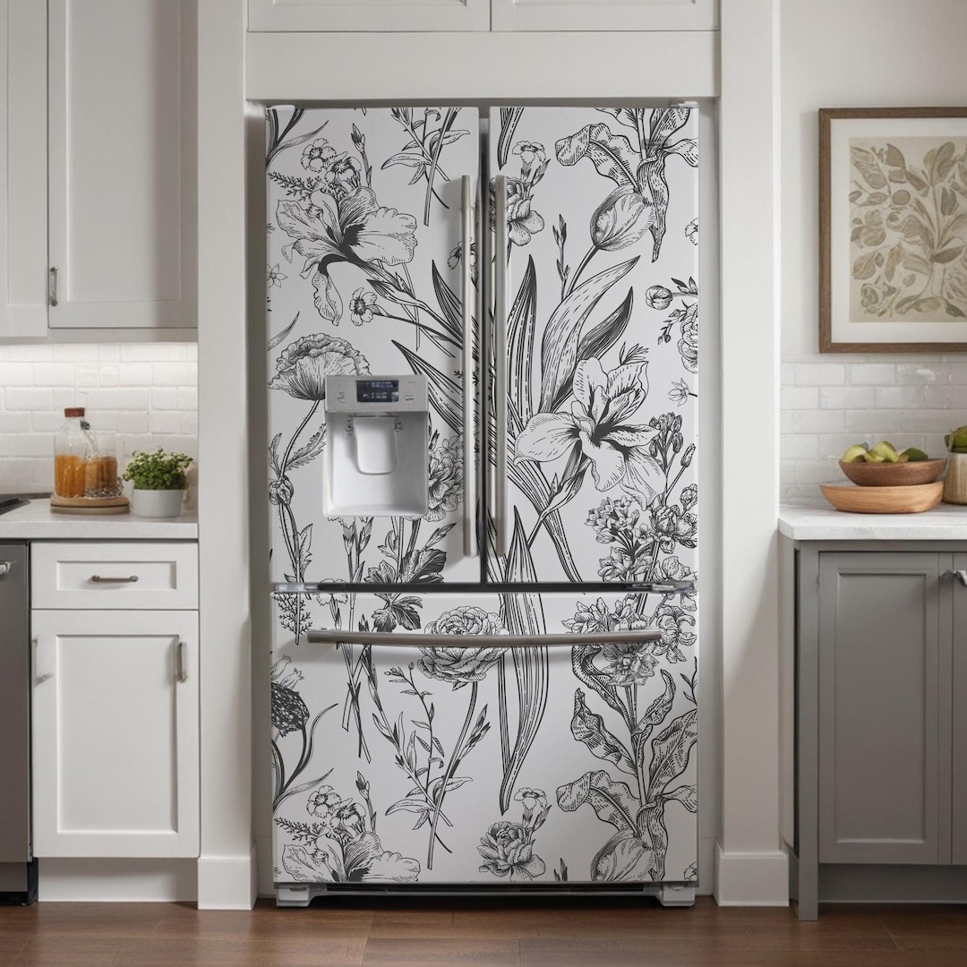 Refrigerator Vinyl Wrap. Refrigerator Cover Retro Floral Gray Pattern ...
