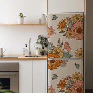 Boho Vinyl Fridge Wrap With Flowers for Bohemian Floral Kitchen Decor ...