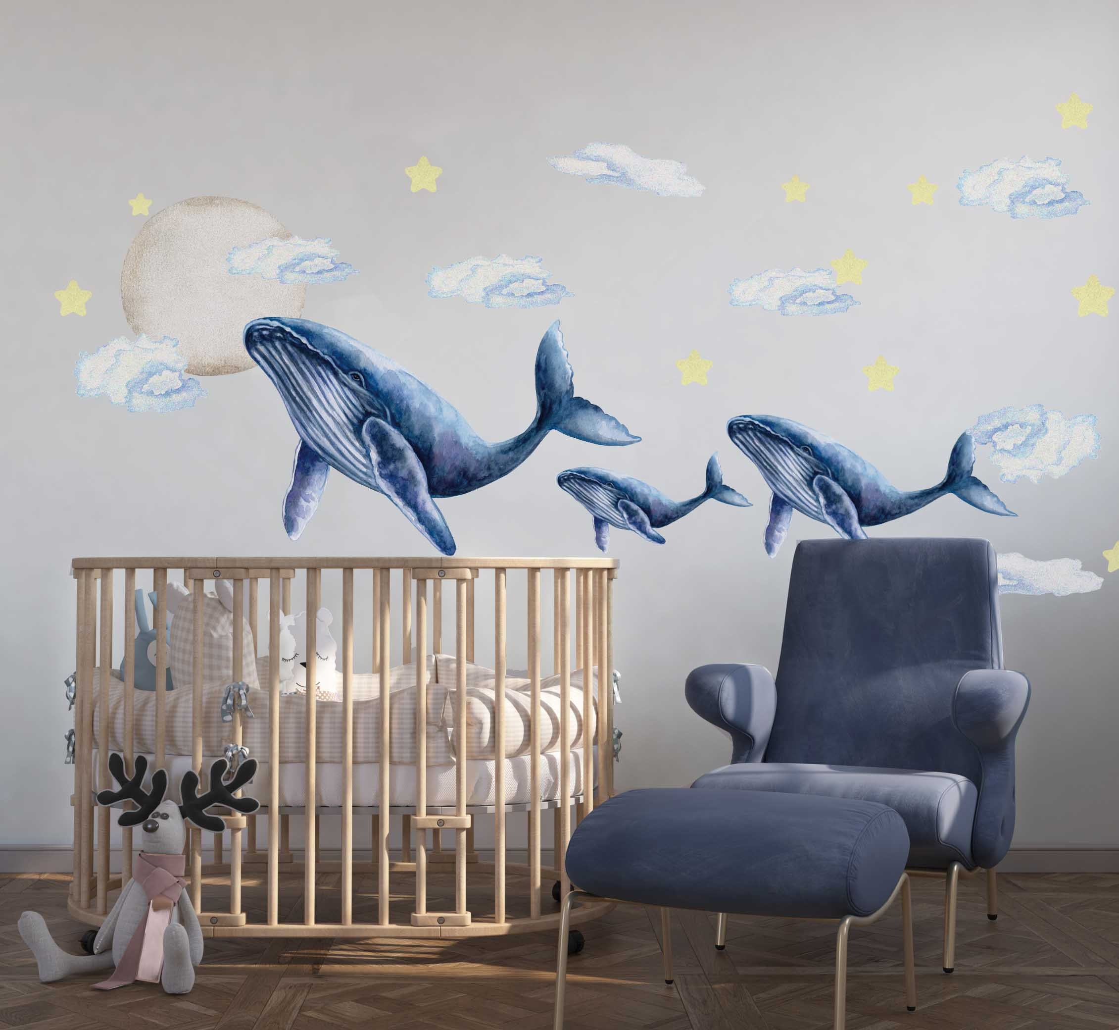 Whale Decal, Whale Family in Sky Decal, Blue Whale Decal, Wall Decal ...
