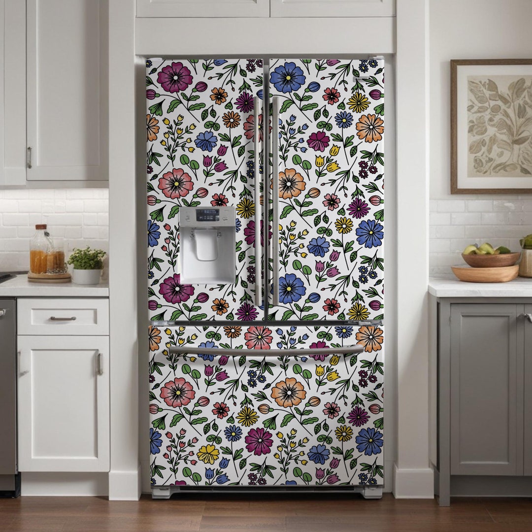 Refrigerator Wrap. Floral Vinyl Fridge Cover. Side-by-side Fridge Decal ...