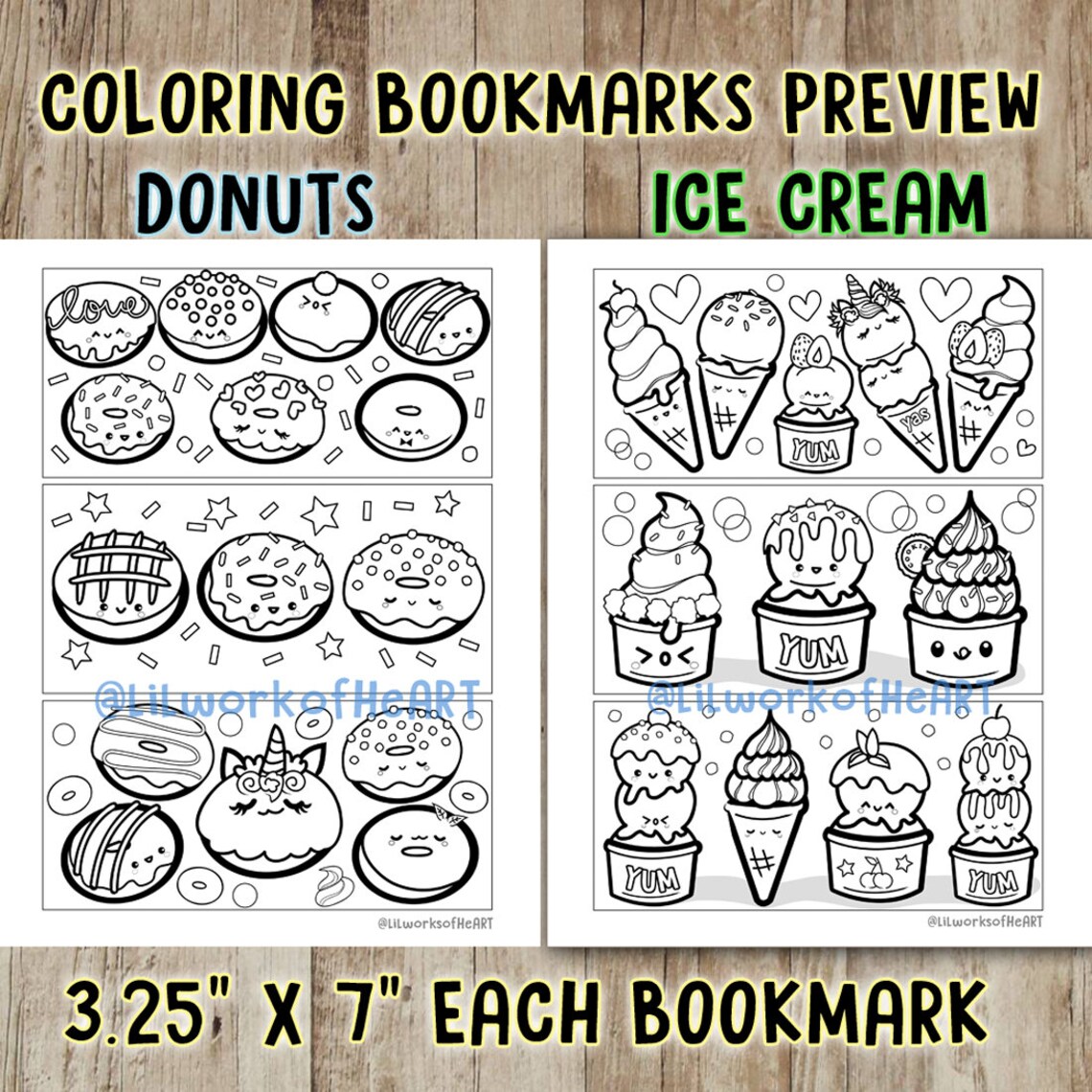 Kawaii Coloring Sheets / Cute Bookmark Set / Donut Cupcake Ice - Etsy ...