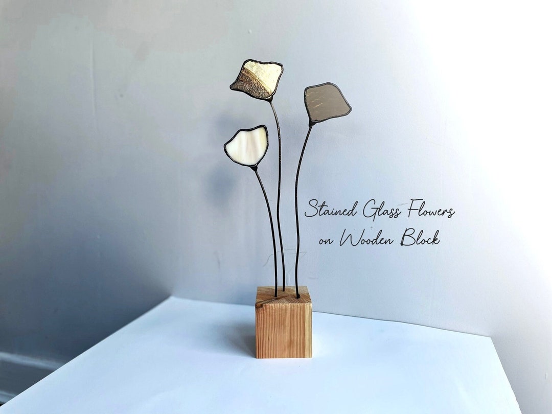 Stained Glass Flower With Wooden Stand for Table Decor - Stained Glass ...