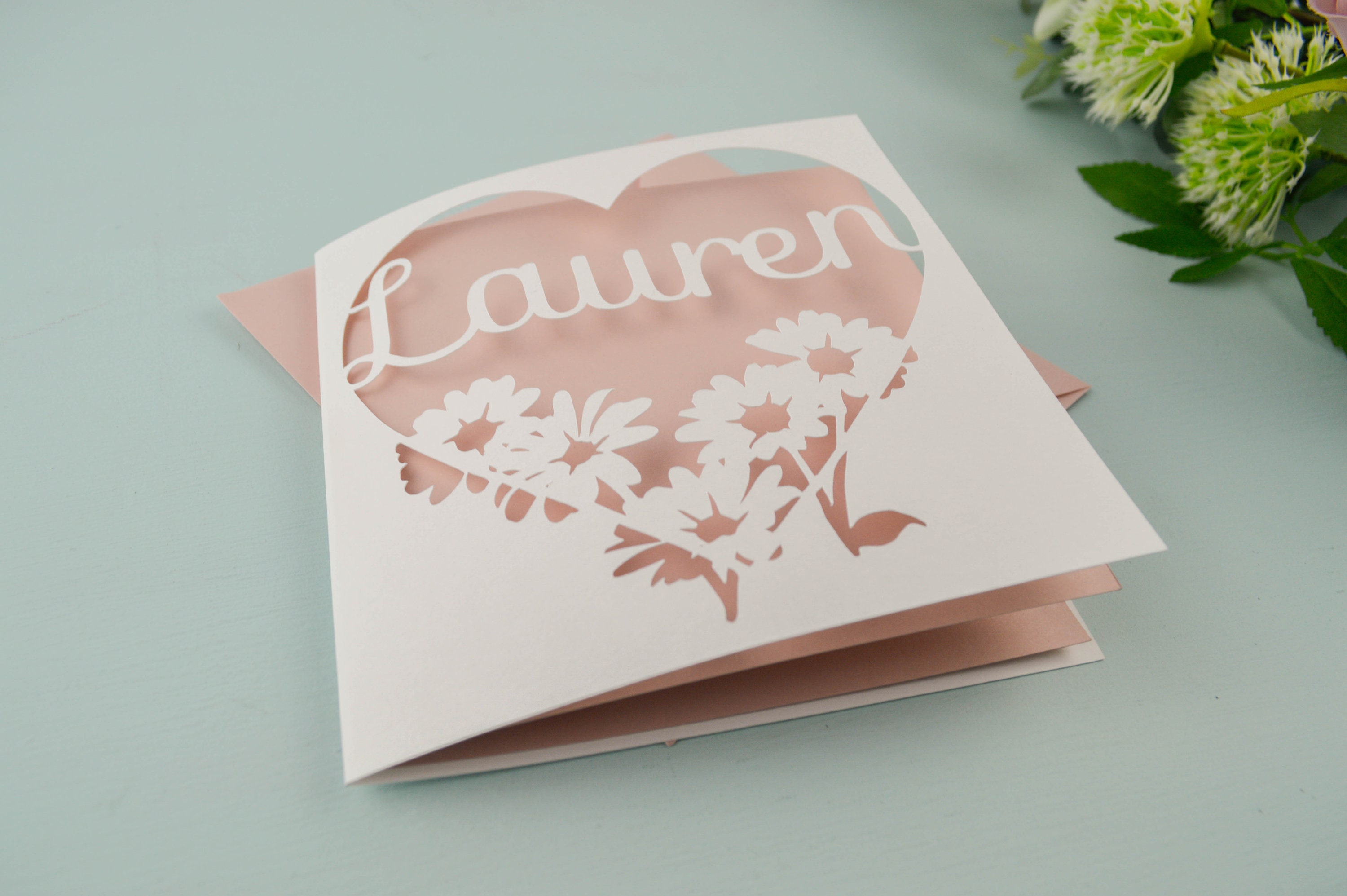 Personalised Floral Heart Papercut Name Card, Wedding / Anniversary ...