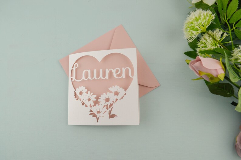 Personalised Floral Heart Papercut Name Card, Wedding / Anniversary ...