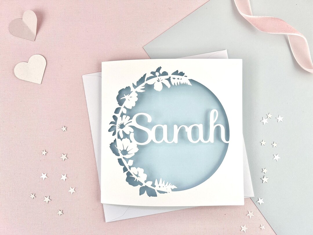 Personalised Floral Wreath Papercut Name Card, Birthday Card for Her ...