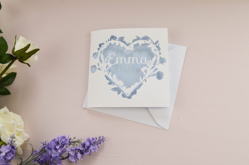 Personalised Floral Love Heart Papercut Name Card, Wedding ...
