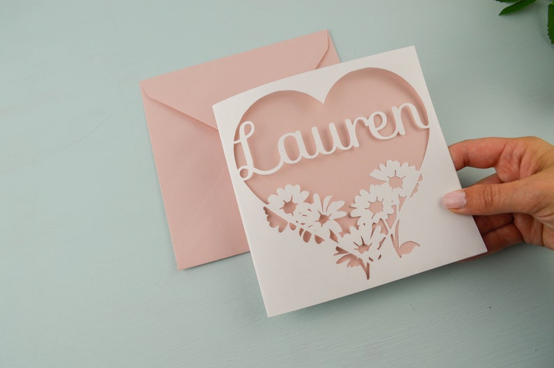 Personalised Floral Heart Papercut Name Card, Wedding / Anniversary ...