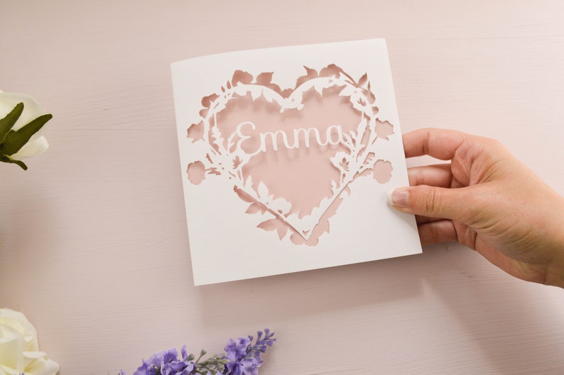 Personalised Floral Love Heart Papercut Name Card, Wedding ...