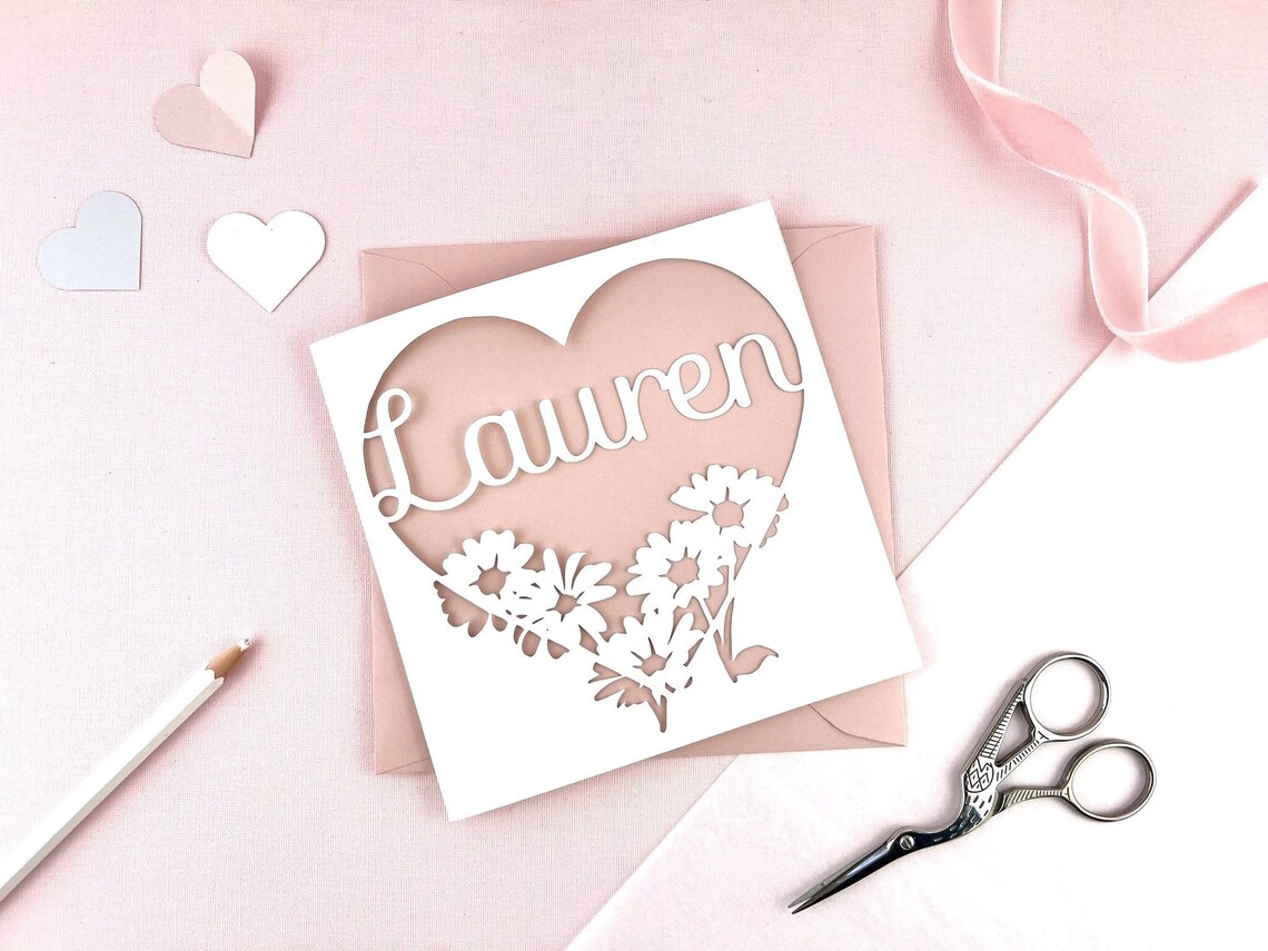 Personalised Floral Heart Papercut Name Card Wedding / - Etsy UK