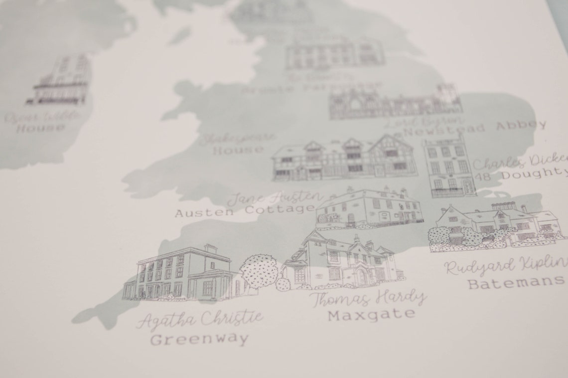 Literary Locations Writers Map Print Jane Austen Beatrix - Etsy