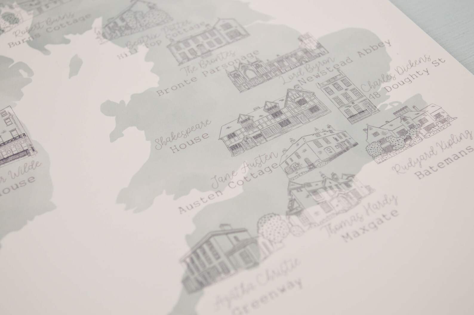 Literary Locations Writers Map Print, Jane Austen, Beatrix Potter ...