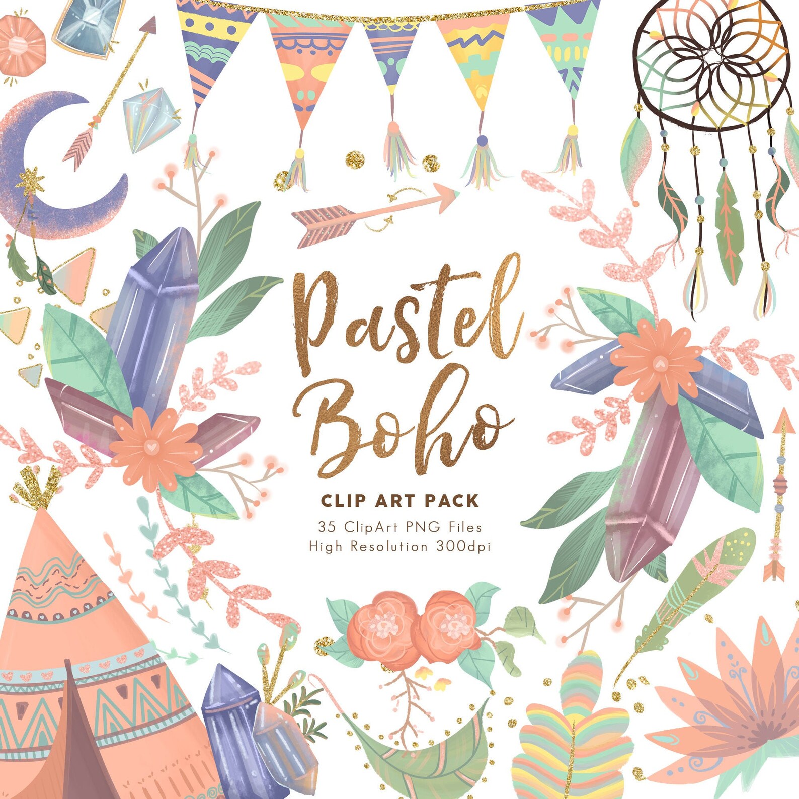 Boho Clip Art Pastel Boho Graphics Bohemia Clipart Ethnic - Etsy