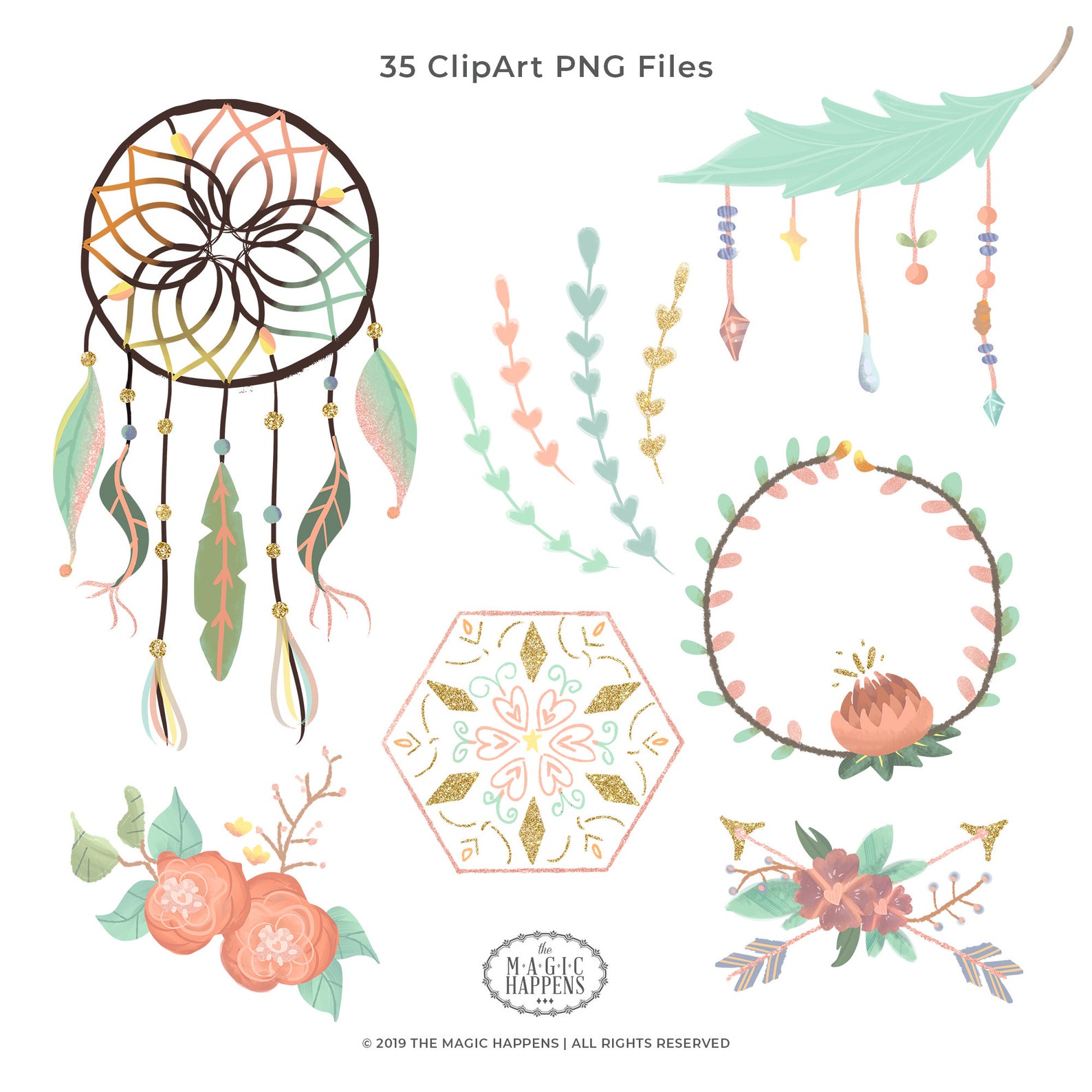 Boho Clip Art Pastel Boho Graphics Bohemia Clipart Ethnic - Etsy