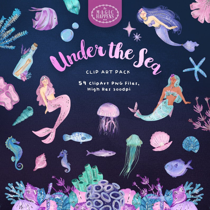 Mermaid Clipart Under the Sea Clip Art Glitter Mermaid - Etsy