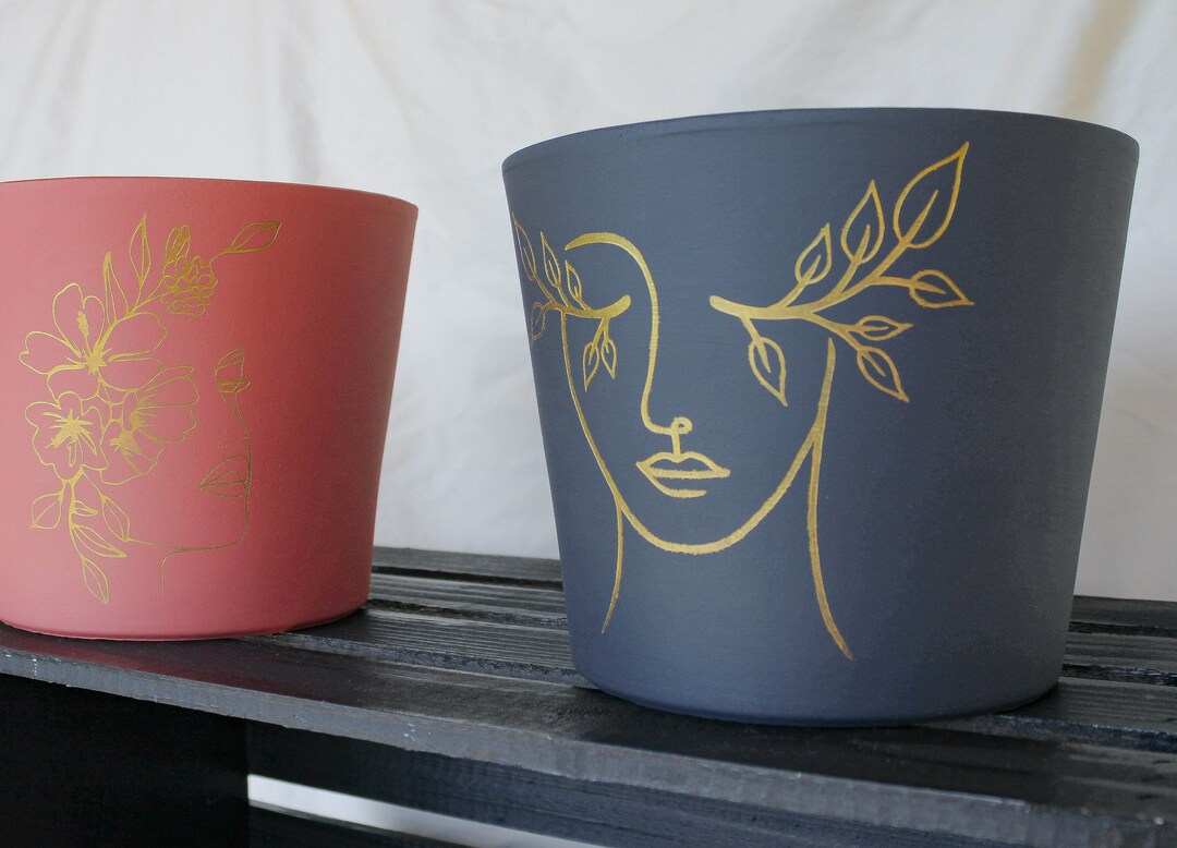 Botanical Line Drawing Hand Painted Pot | Gold Face Pot | Terracotta ...