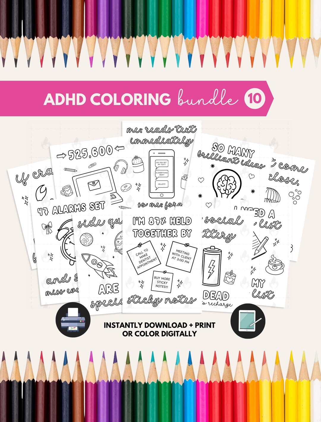 Funny ADHD Coloring Page Bundle, Funny Neurodiversity Coloring, Adult ...