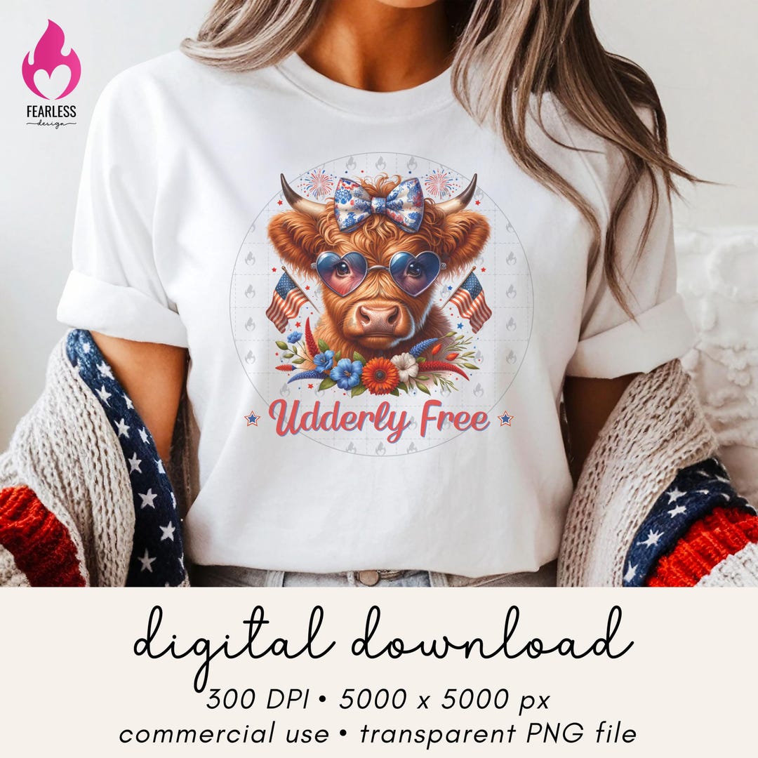 Udderly Free Highland Cow PNG, Patriotic Girly Aesthetic Cow ...