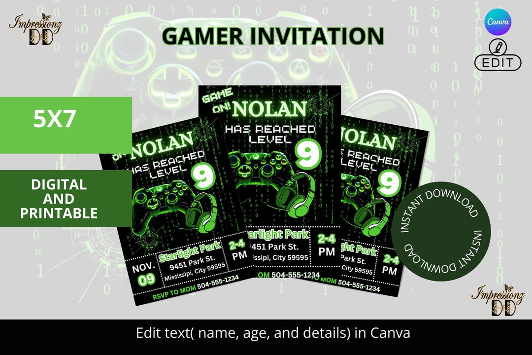 Editable Gamer Birthday Invitation: Video Game Party (digital Canva ...