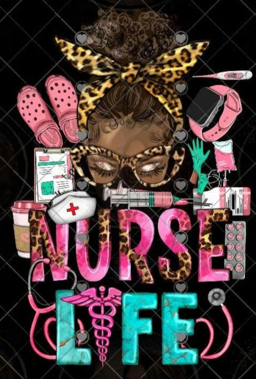 RN, LPN, Nurse Life, African American, Afro Messy Bun, Leopard, Pink ...