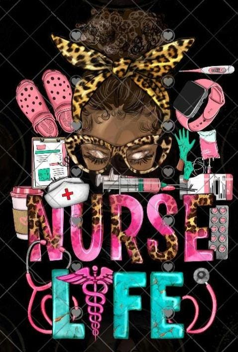 RN, LPN, Nurse Life, African American, Afro Messy Bun, Leopard, Pink ...