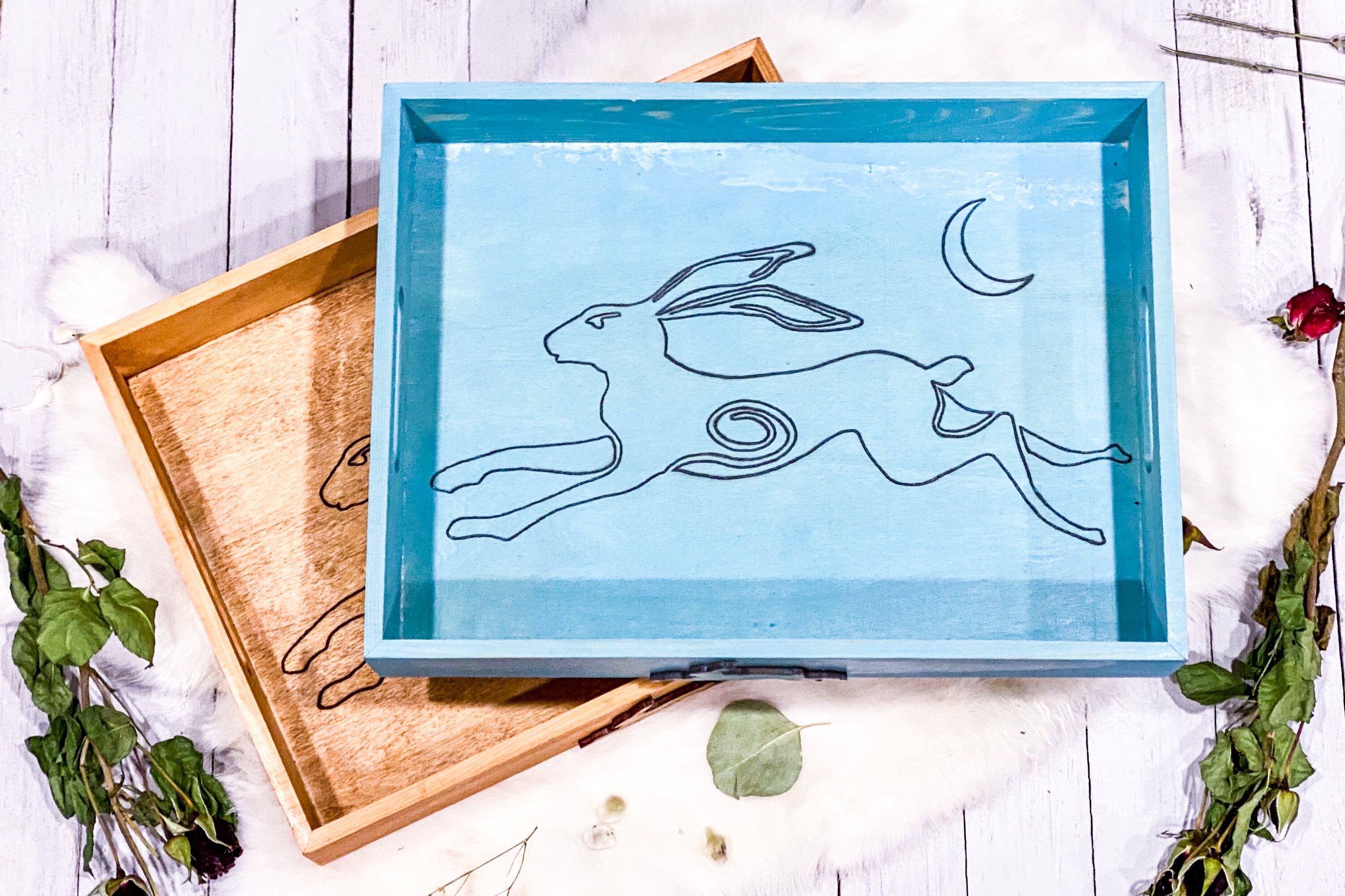 Moon Hare Wood Tray for Kitchen or Altar