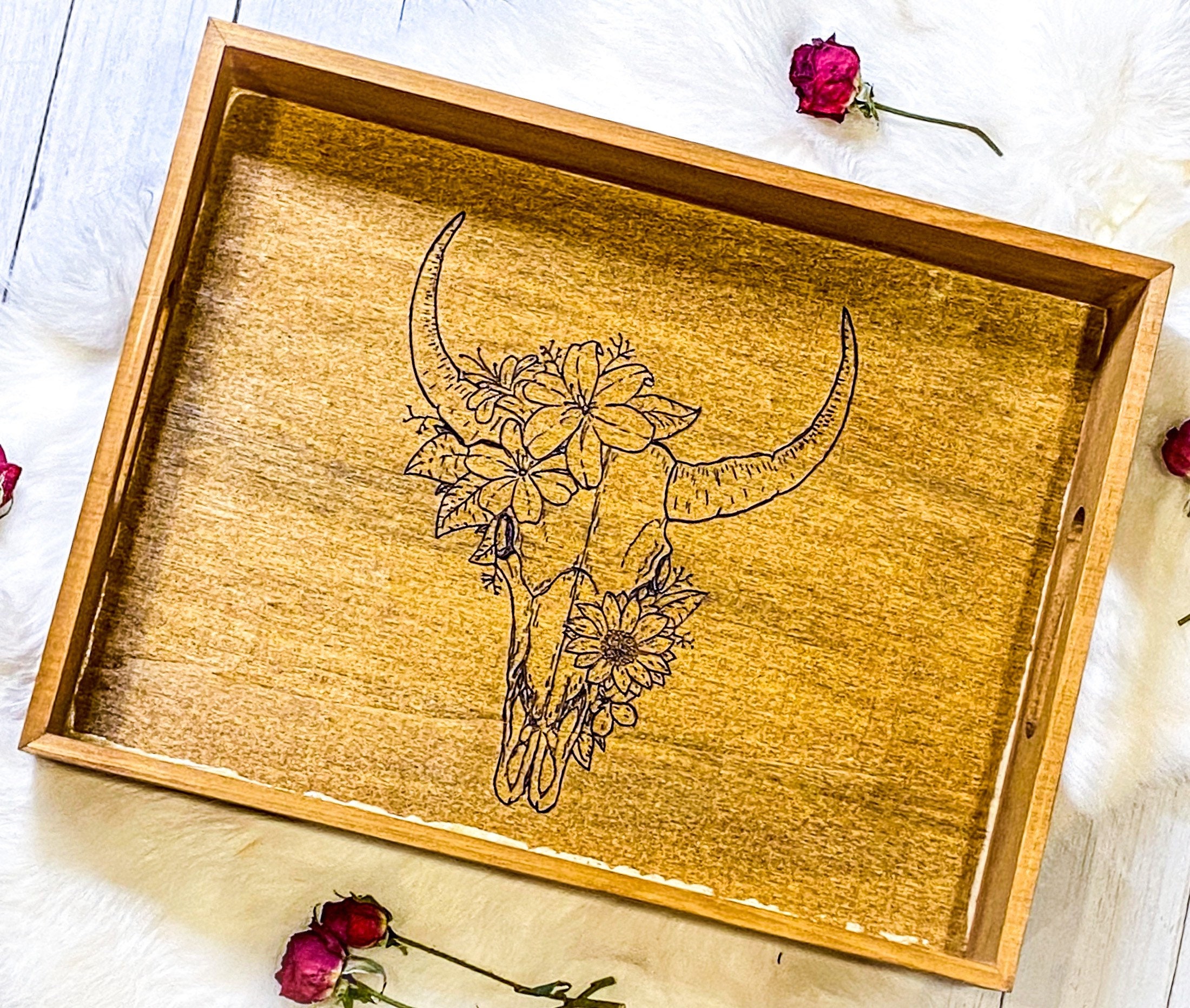 Cow Skull Bouquet Wood Tray for Kitchen or Altar