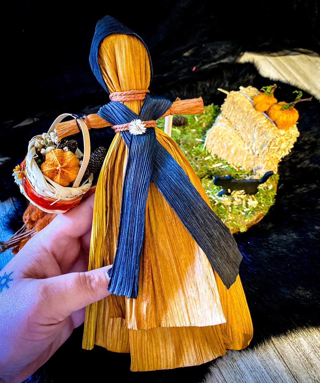 Pumpkin Patch Doll Scene With Cat / Samhain Poppet With Stand for Altar ...