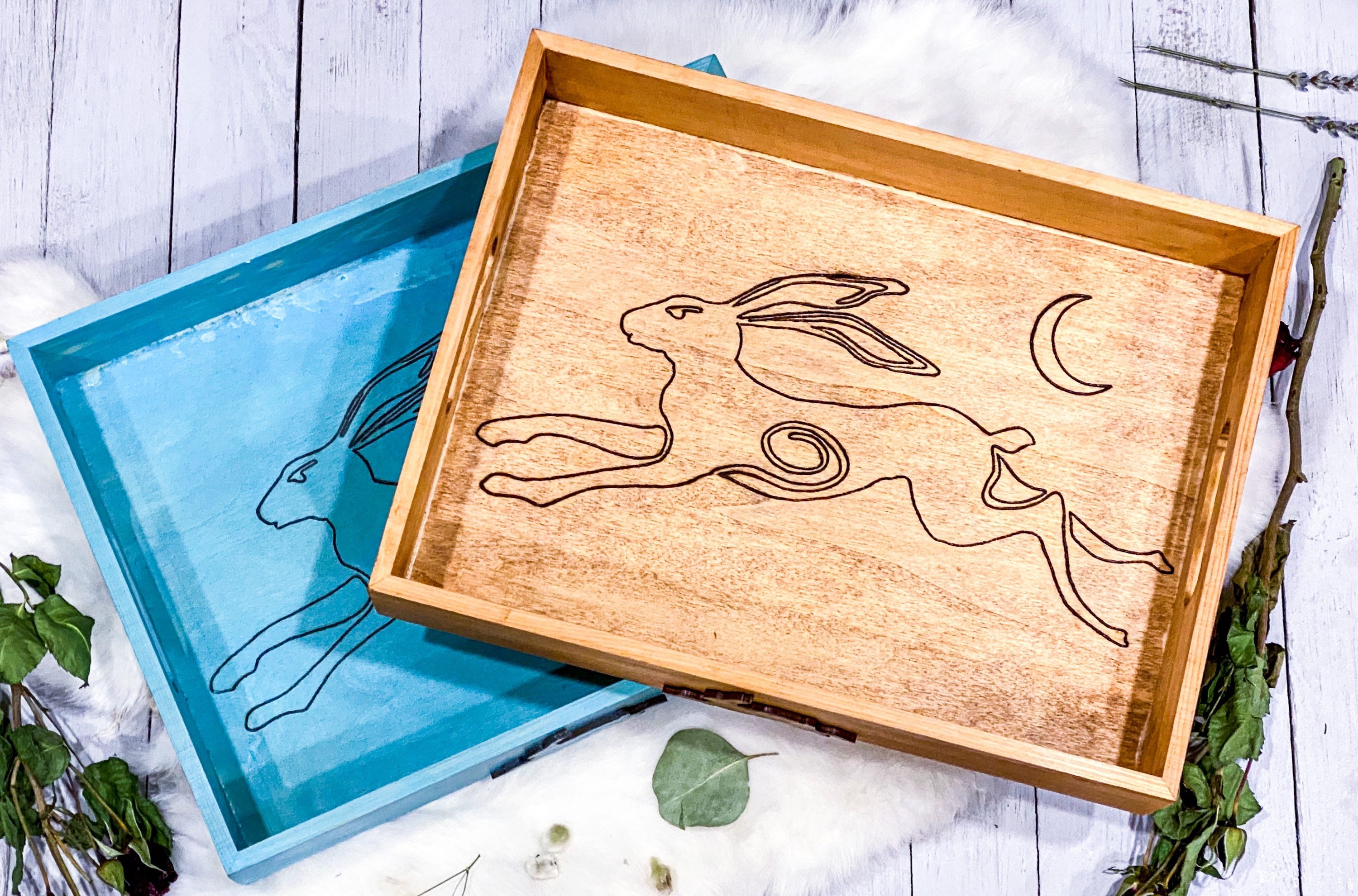 Moon Hare Wood Tray for Kitchen or Altar