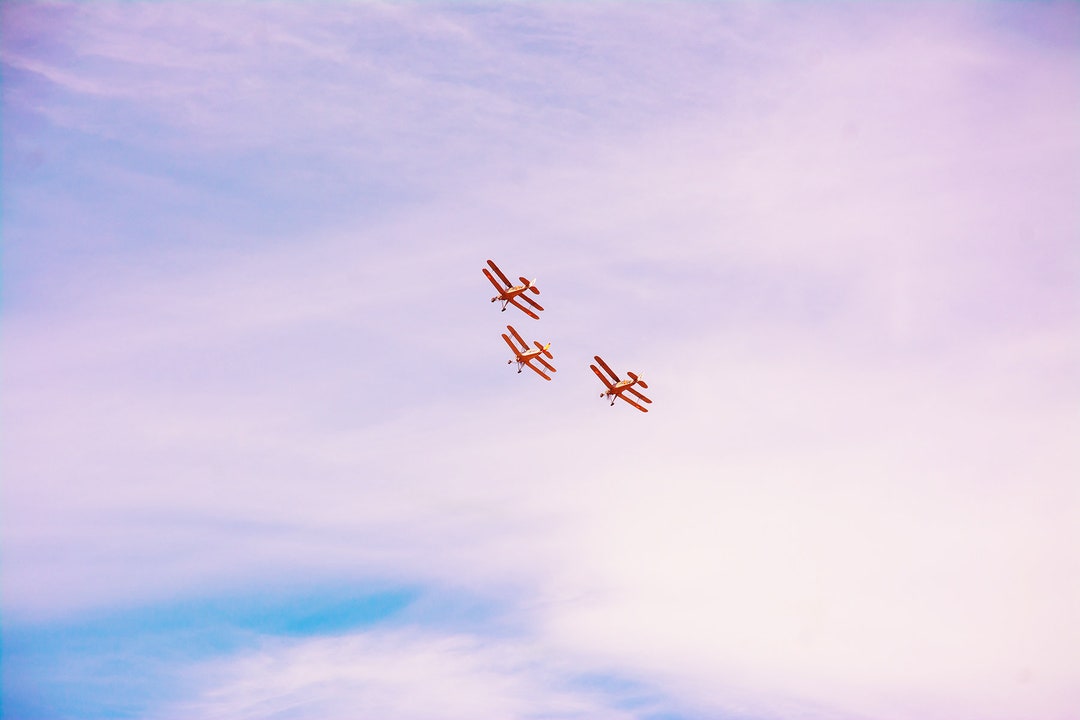 Airplane Photography Art, Trio of Airplanes in Wedge, Flying Airplane ...
