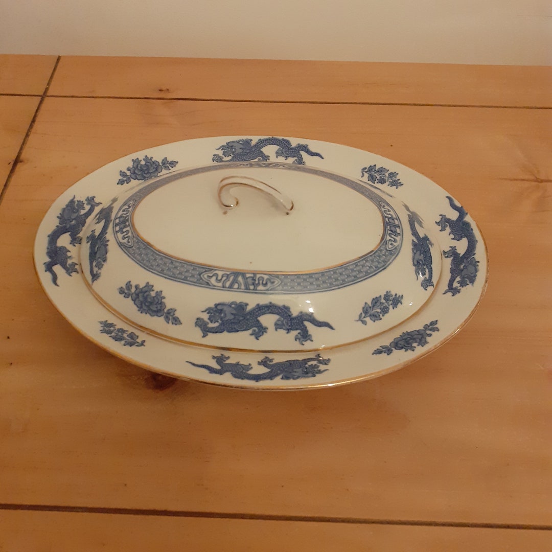 Antique Royal Cauldon Blue Dragon Lidded Oval Serving Dish 10 1/4 ...