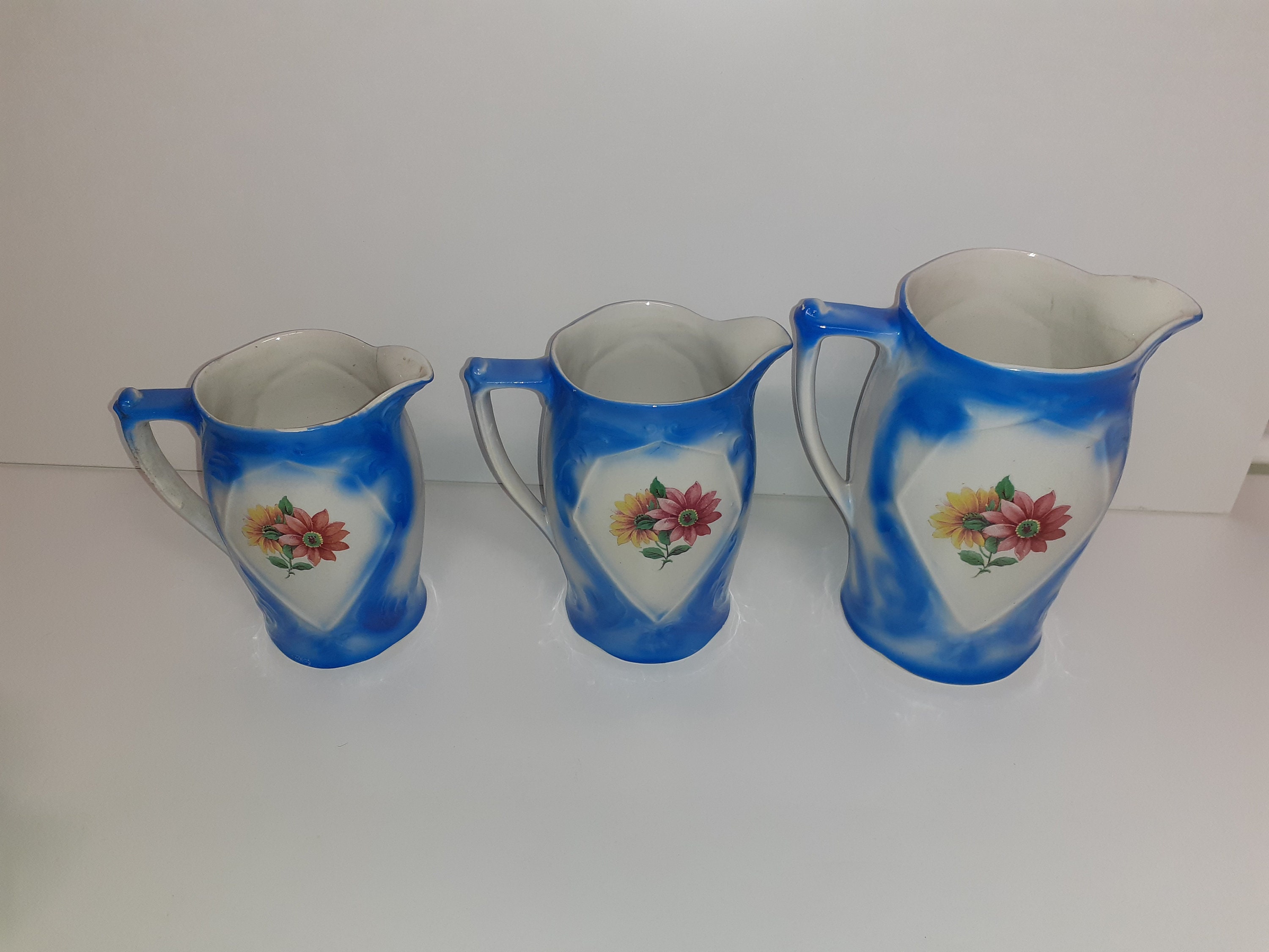 Antique Set of 3 Blue Jugs Fantastic Display Chrysanthemums Bluebells 6 ...