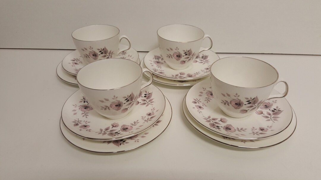 Vintage Foley China Moon Rose Pattern Set of 4 Trio's Cups Saucers and ...