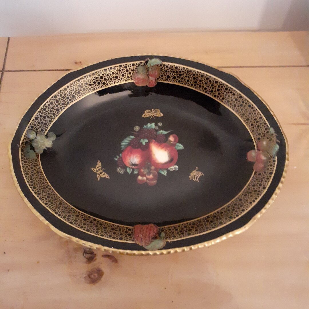 Solian Ware Soho Pottery Hand Painted Fruit Pattern Black With Gilt ...