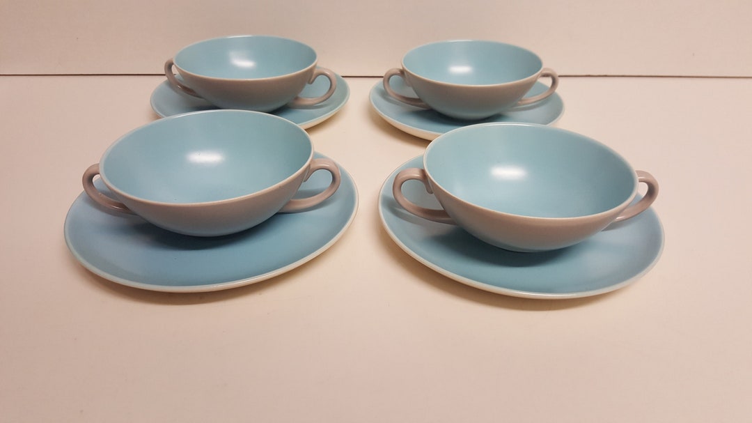Vintage Poole China Dove Grey Sky Blue Set of 4 Soup Bowls 2 Handled ...