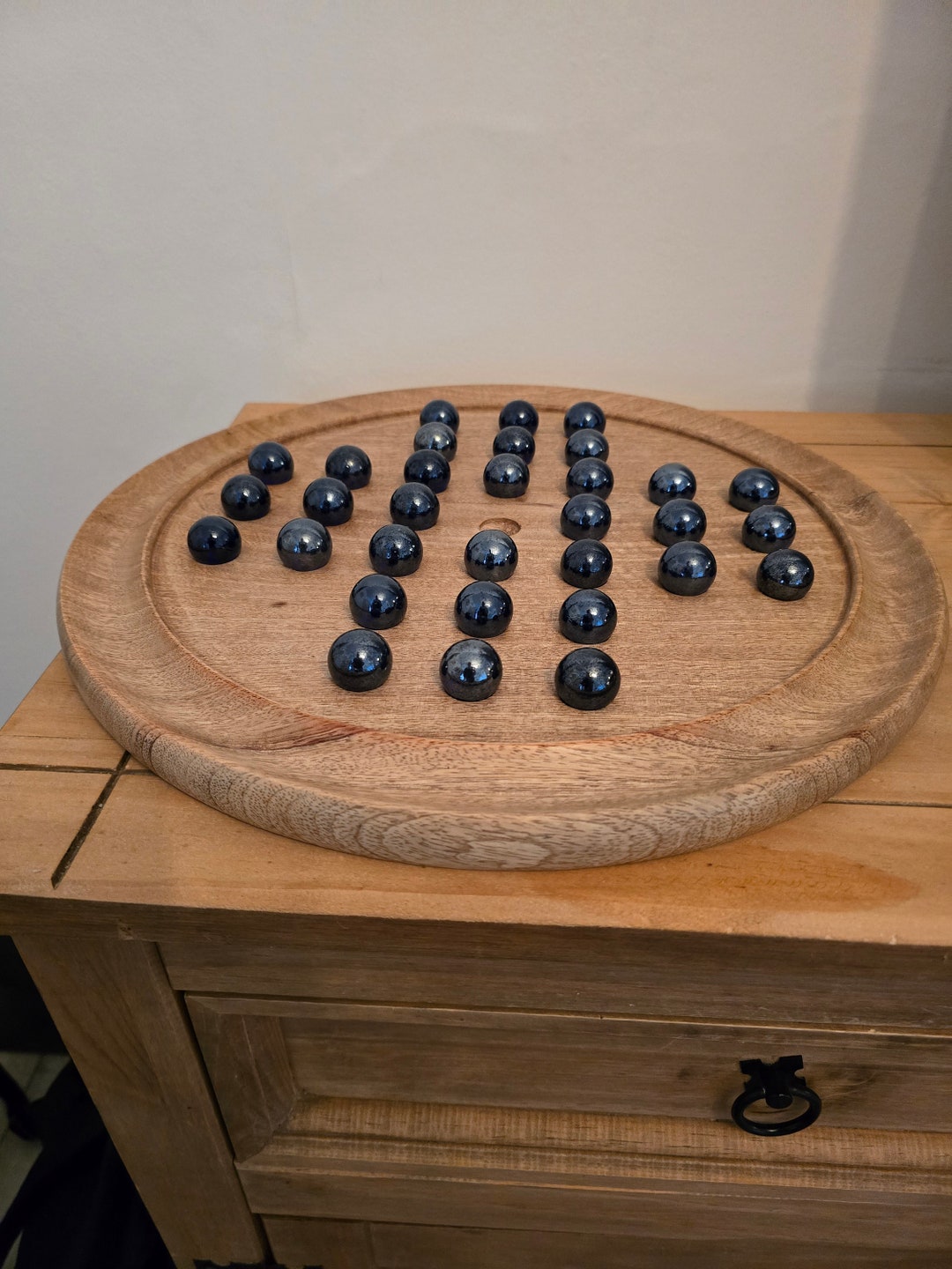 Vintage Solid Wood Solitaire Board Game With 32 Glass Marbles Great ...