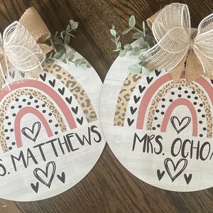 Personalized Teacher Sign Boho Classroom Rainbow Cheetah Door Sign ...