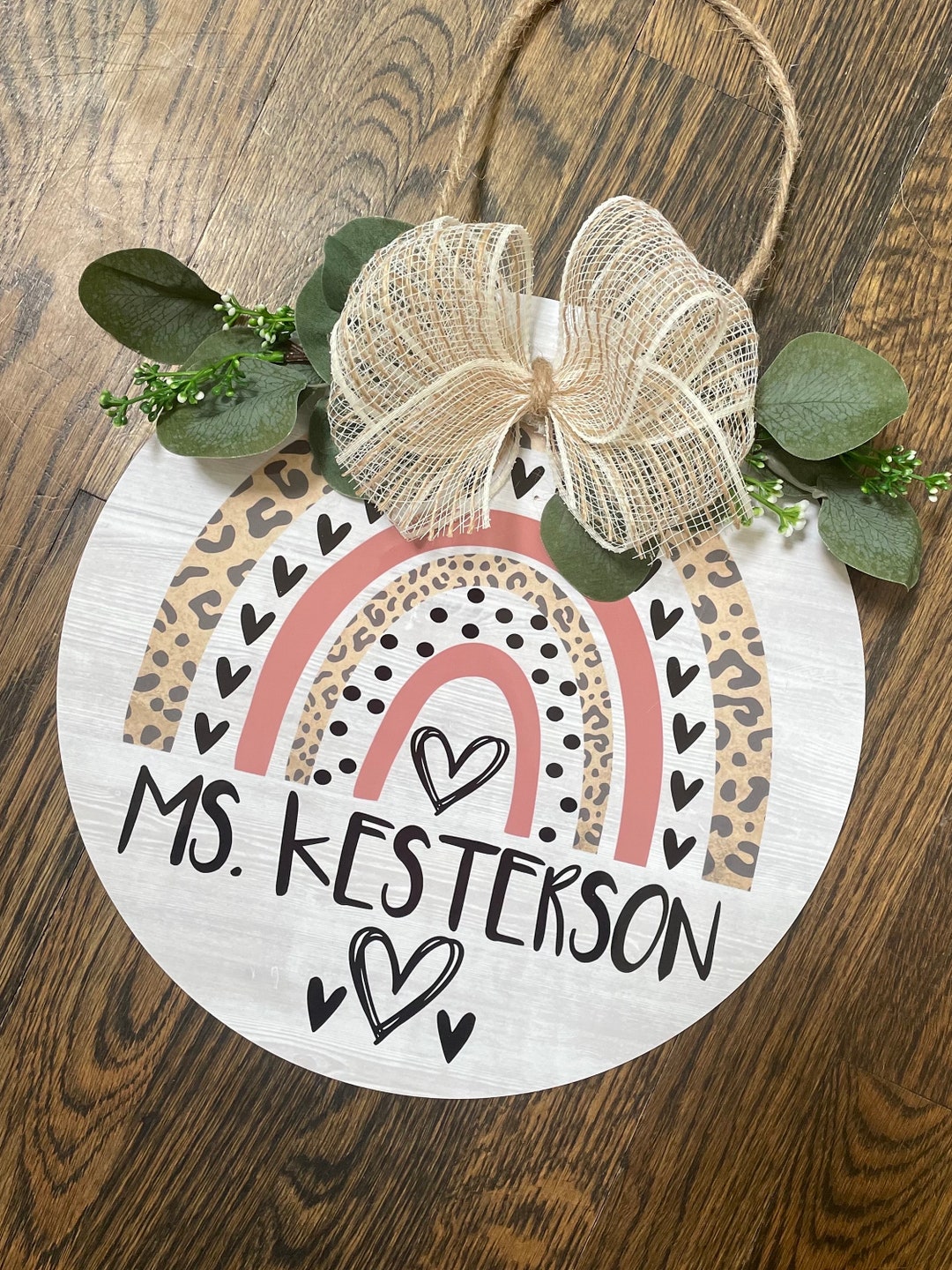 Personalized Teacher Sign Boho Classroom Rainbow Cheetah Door Sign ...