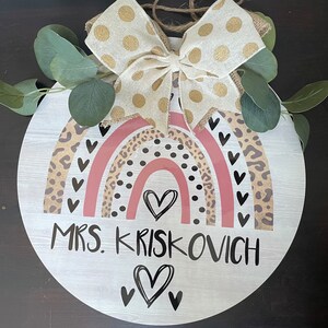 Personalized Teacher Sign Boho Classroom Rainbow Cheetah Door Sign ...