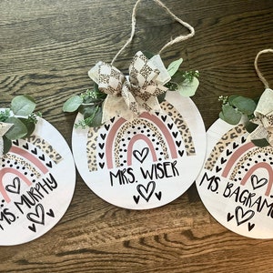 Personalized Teacher Sign Boho Classroom Rainbow Cheetah Door Sign ...