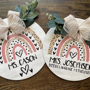 Personalized Teacher Sign Boho Classroom Rainbow Cheetah Door Sign ...