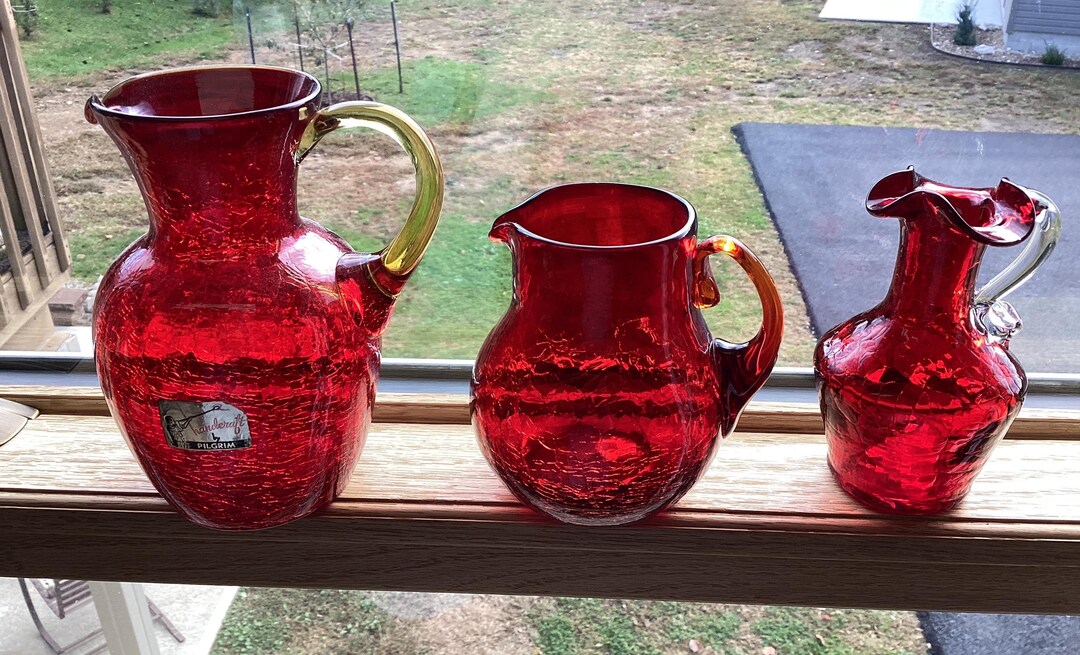 Vintage Red Crackle Glass With Pontil Marks Staggered Size Ornate ...